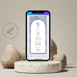 Customizable Light Blue and Dusty Blue Menu With Dove, Trees & Flowers ...