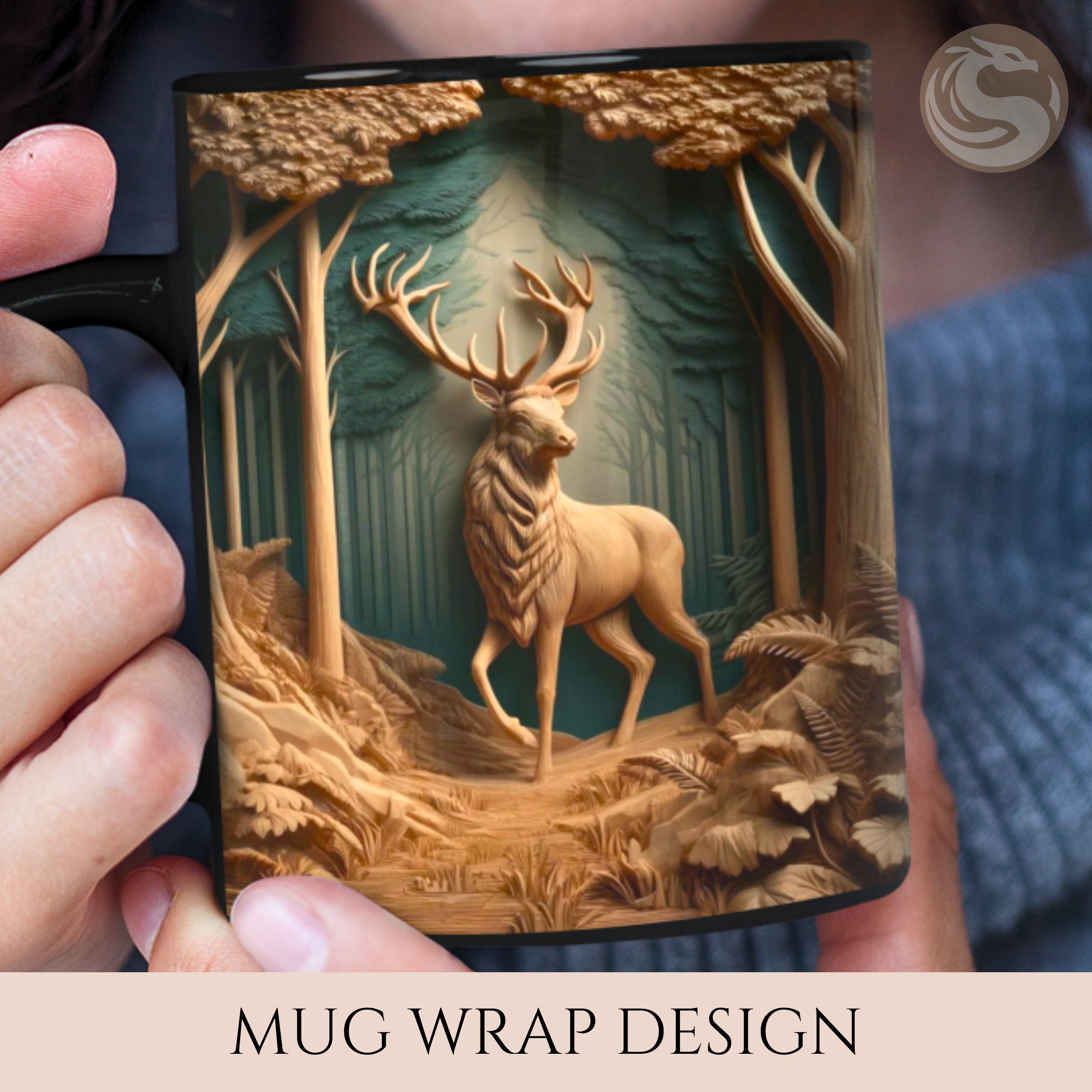 3D Wood Forest Deer Mug Wrap, 3D Wood Deer Mug 11oz and 15oz Mugs ...