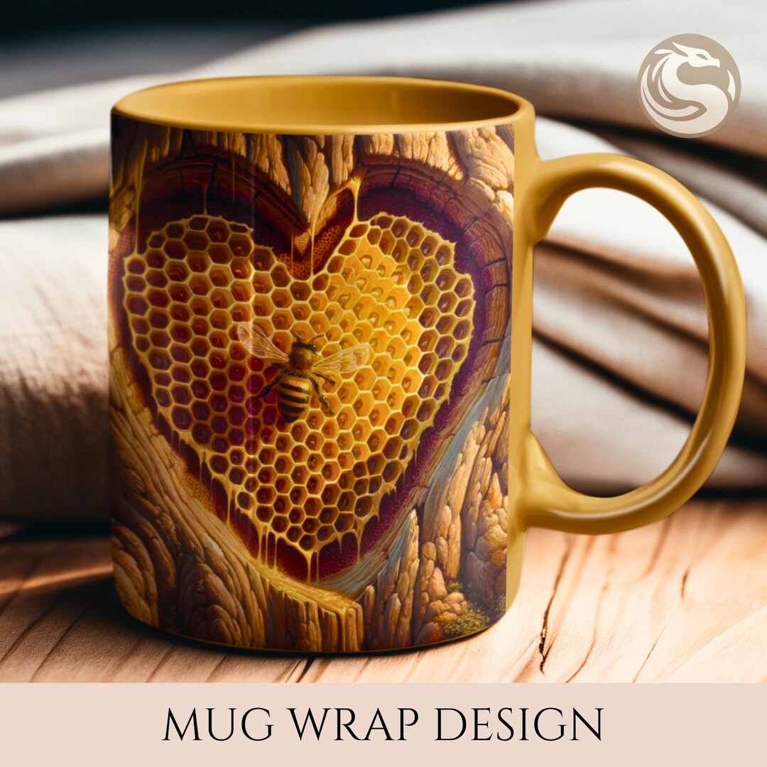 3D Heart Beehive Mug Wrap, Heart-shaped Honeycomb With Bee Digital Art ...