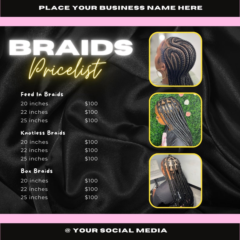 Braids Price List Flyer Templates Beauty Salon Hair Stylist Pricing DIY ...