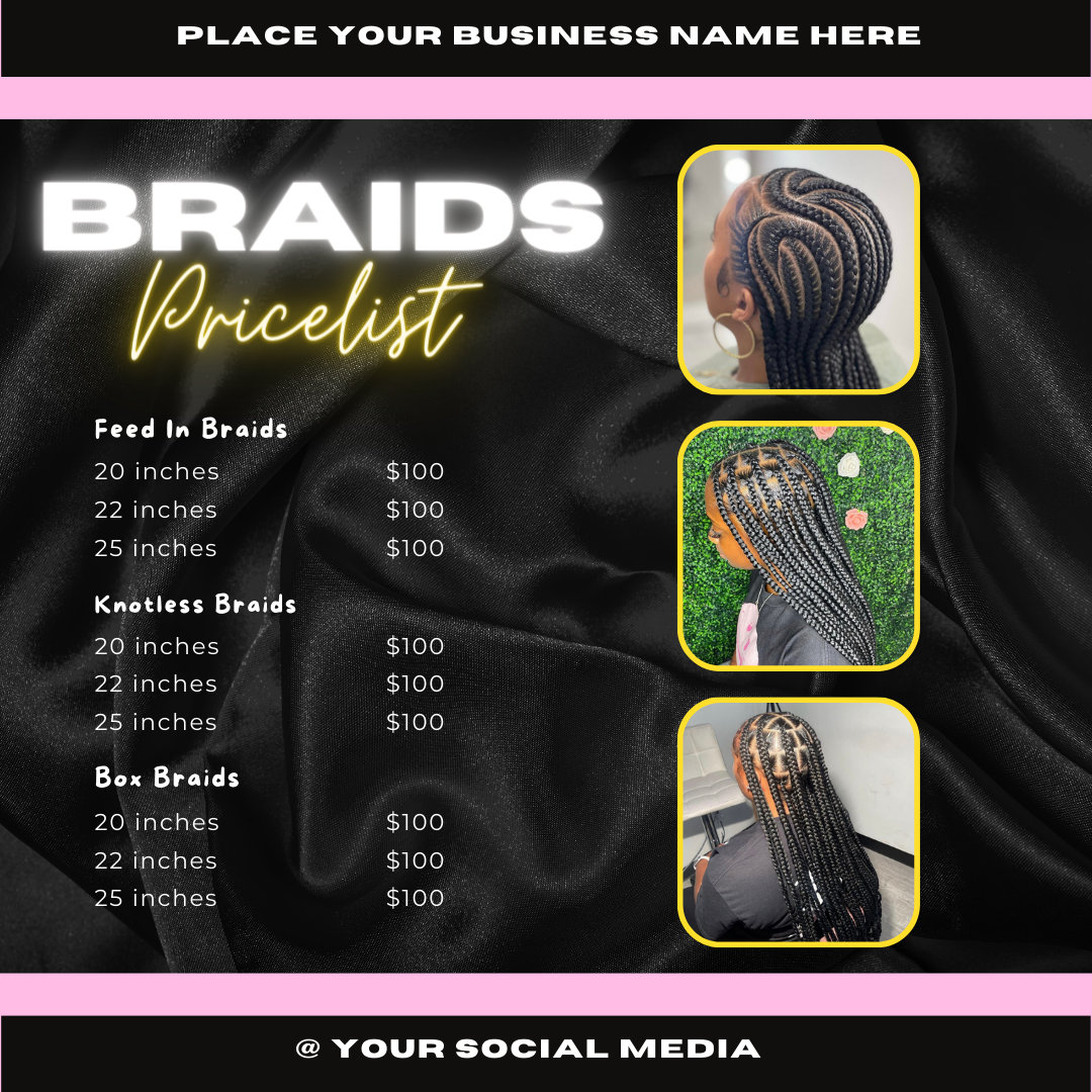 Braids Price List Flyer Templates Beauty Salon Hair Stylist Pricing DIY ...