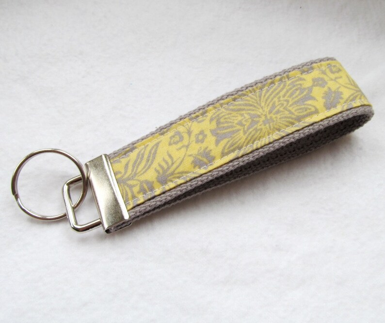 Wristlet Key Fob Key Chain in Grey & Yellow Floral Damask - Choose One ...