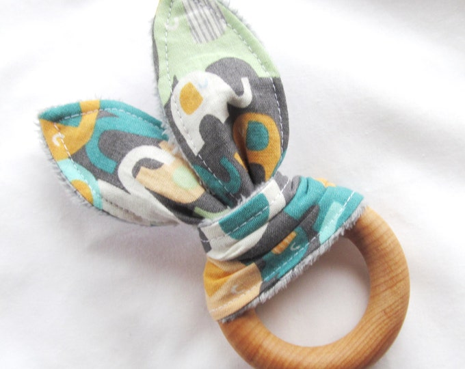 Natural Wooden Teether With Crinkles - Elephant Splash With Gray Minky ...