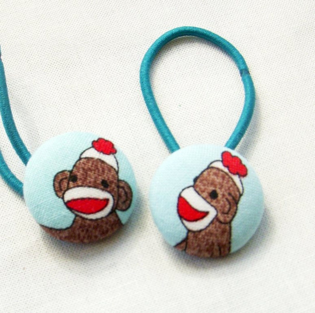 Sock Monkeys in Aqua - Pony Tail Holders - Fabric Covered Buttons - Etsy
