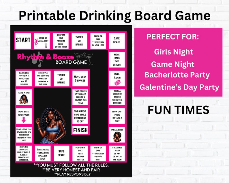 Rhythm & Booze Drinking Board Game: Editable Bachelorette Party ...