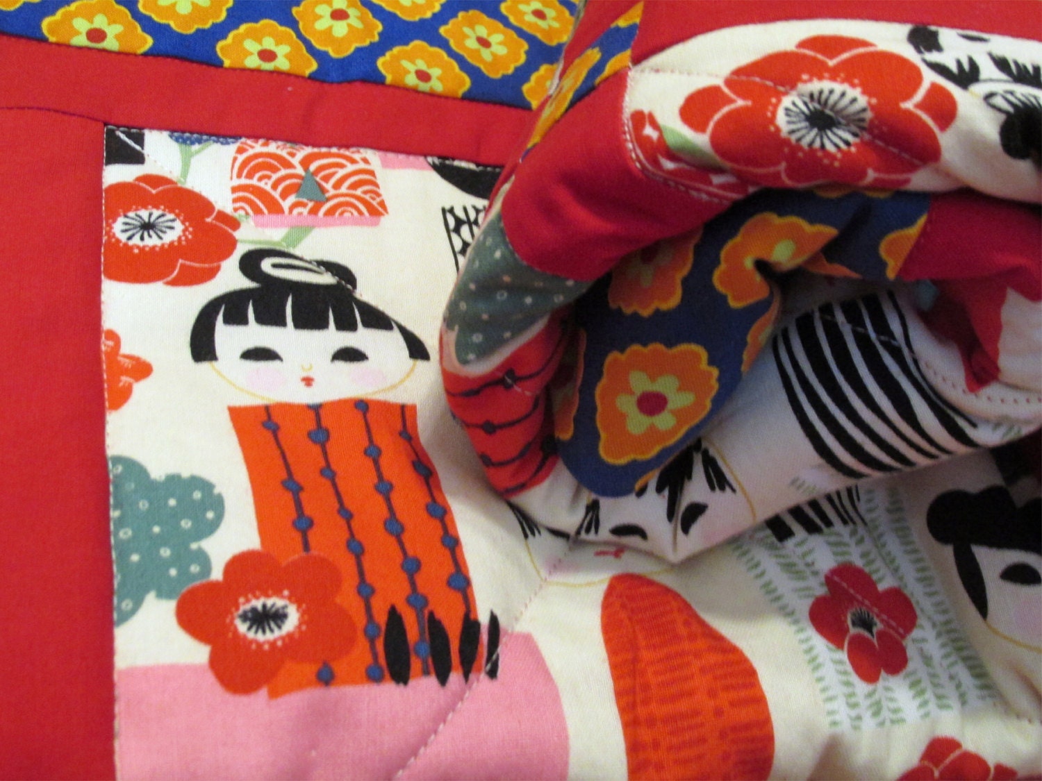 Baby Girl Quilt Kiki Kokeshi Japanese Dolls, Made to Order Cotton With ...
