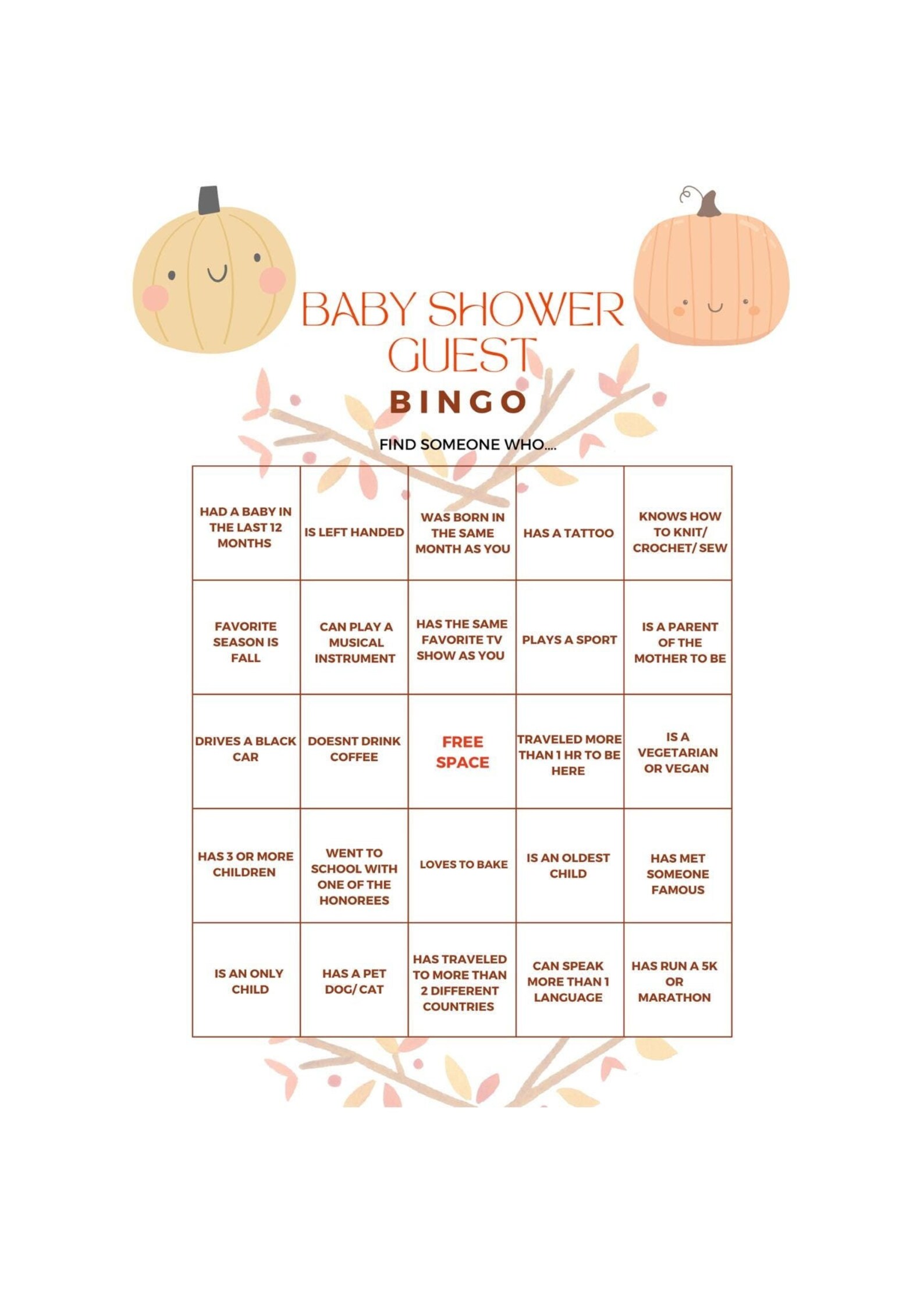 Autumn Themed Baby Shower Guest Bingo (editable) - Etsy