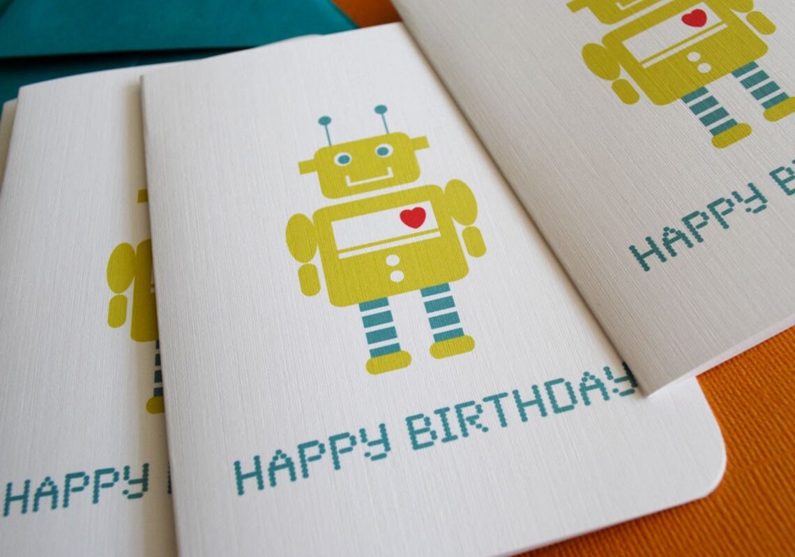 Robot Birthday Cards in Green, Set of 60 - Etsy