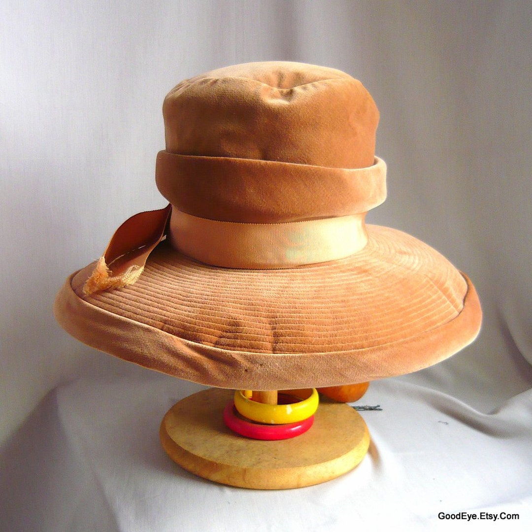 Vintage Ladies Wide Brim Velvet Hat 1960s Tall Crown / Burnt Apricot ...