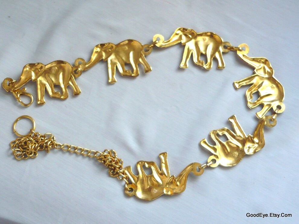 Vintage 90s ELEPHANT WALK Metal Chain Belt GOLD Tone Raised Trunks ...