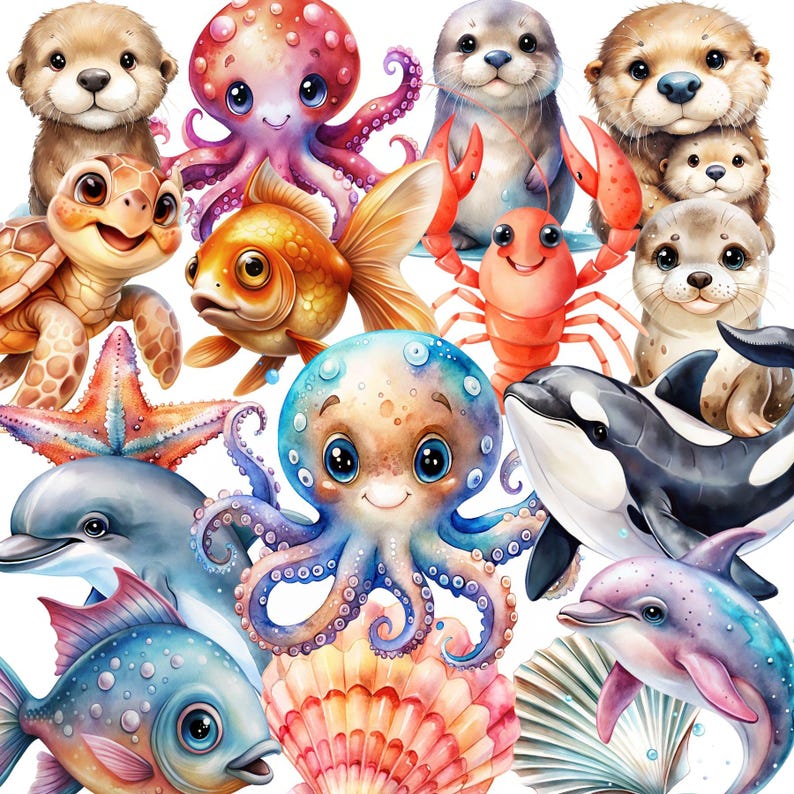 Under Sea Cute Under Sea Animals Watercolor Clip Art Bundle Sea Animals ...