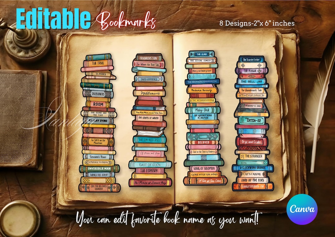Editable Stacked Books Bookmarks: Editable Favorite Book Names (digital ...