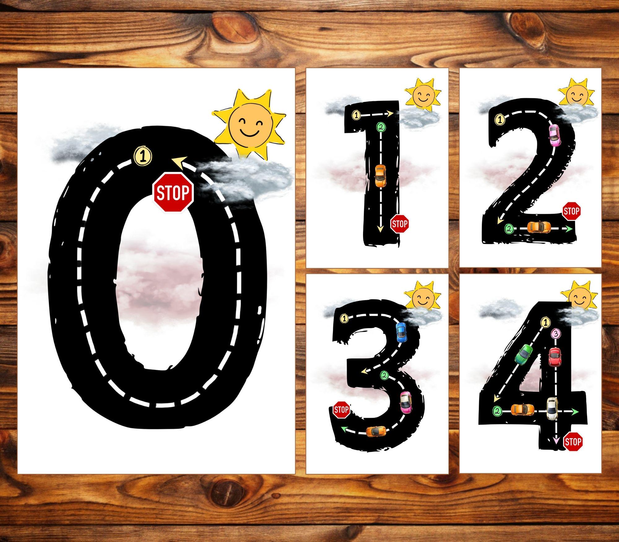 Number Tracing Flashcards, Cars Roads Printable, Counting Numbers ...