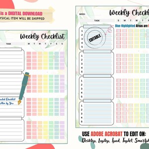 Editable Weekly Checklist Printable Weekly to Do List Checklist Printable Daily Checklist ...