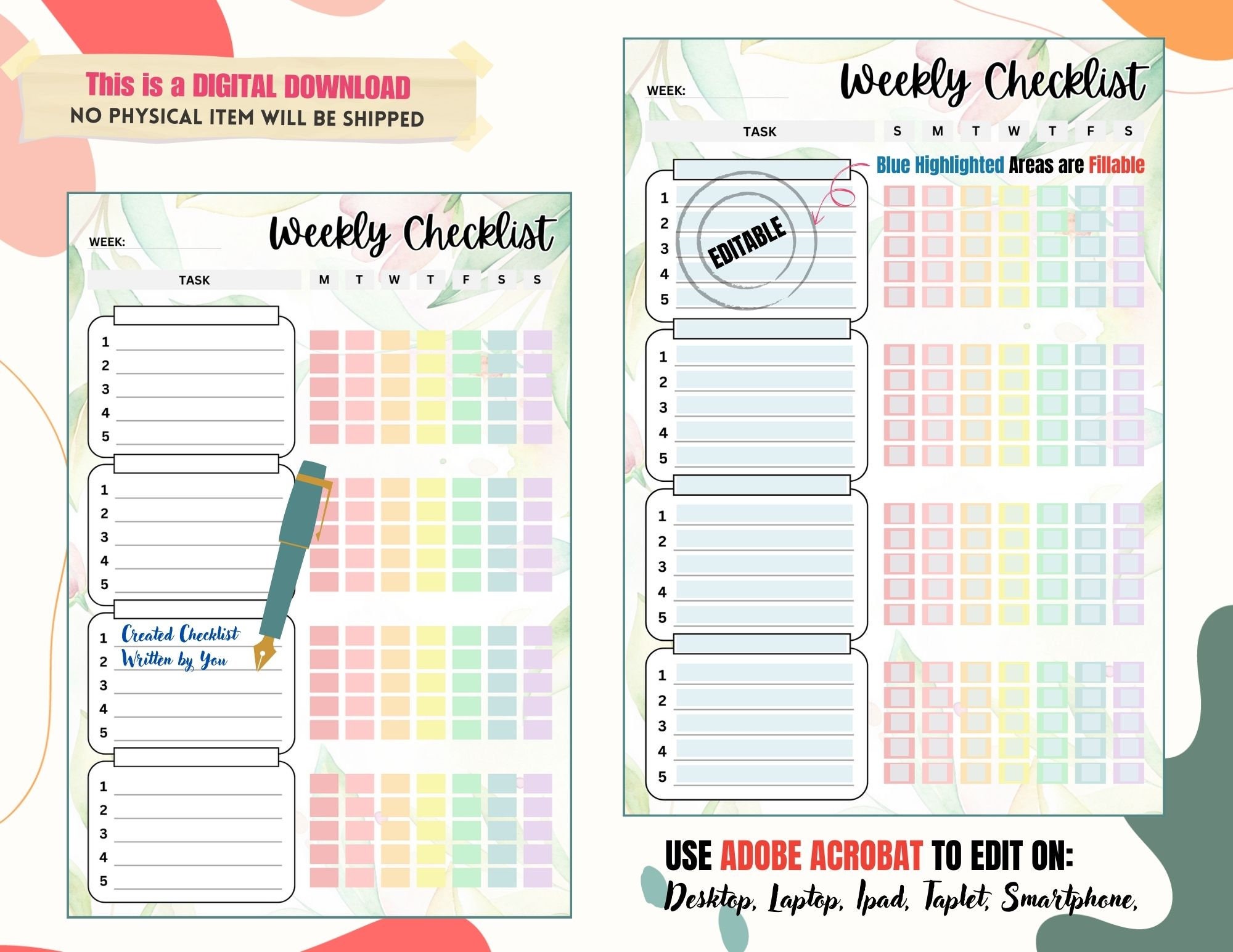 Editable Weekly Checklist Printable Weekly to Do List Checklist ...