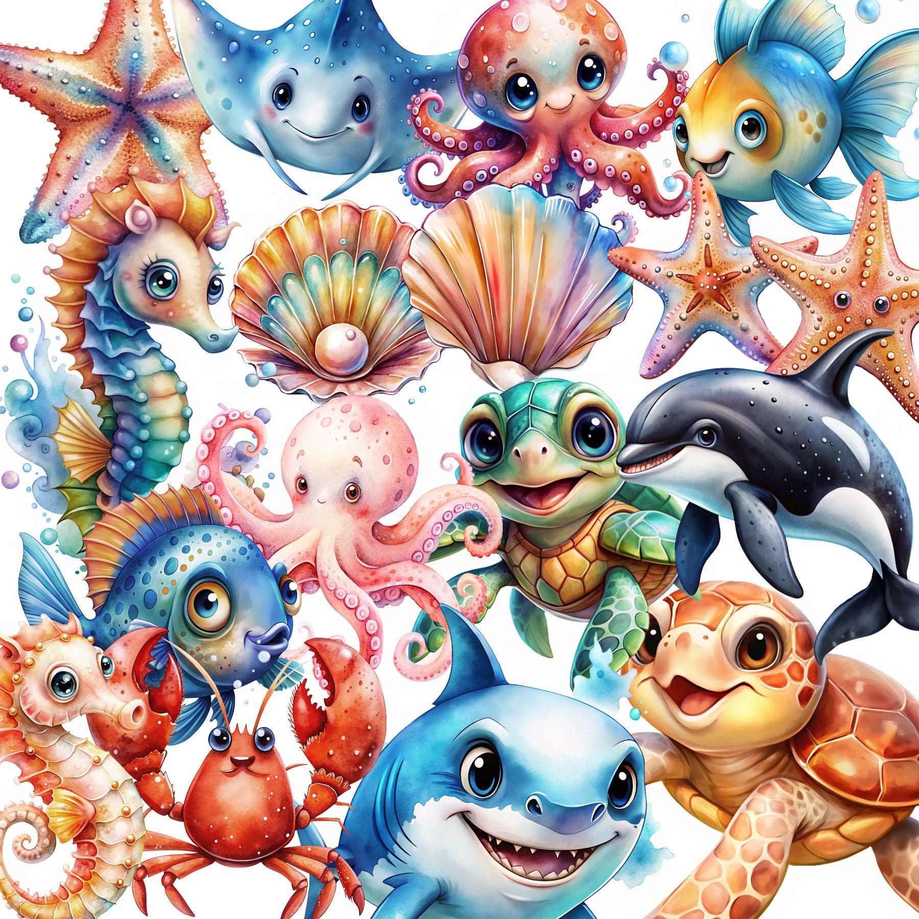 Under Sea Cute Under Sea Animals Watercolor Clip Art Bundle Sea Animals ...