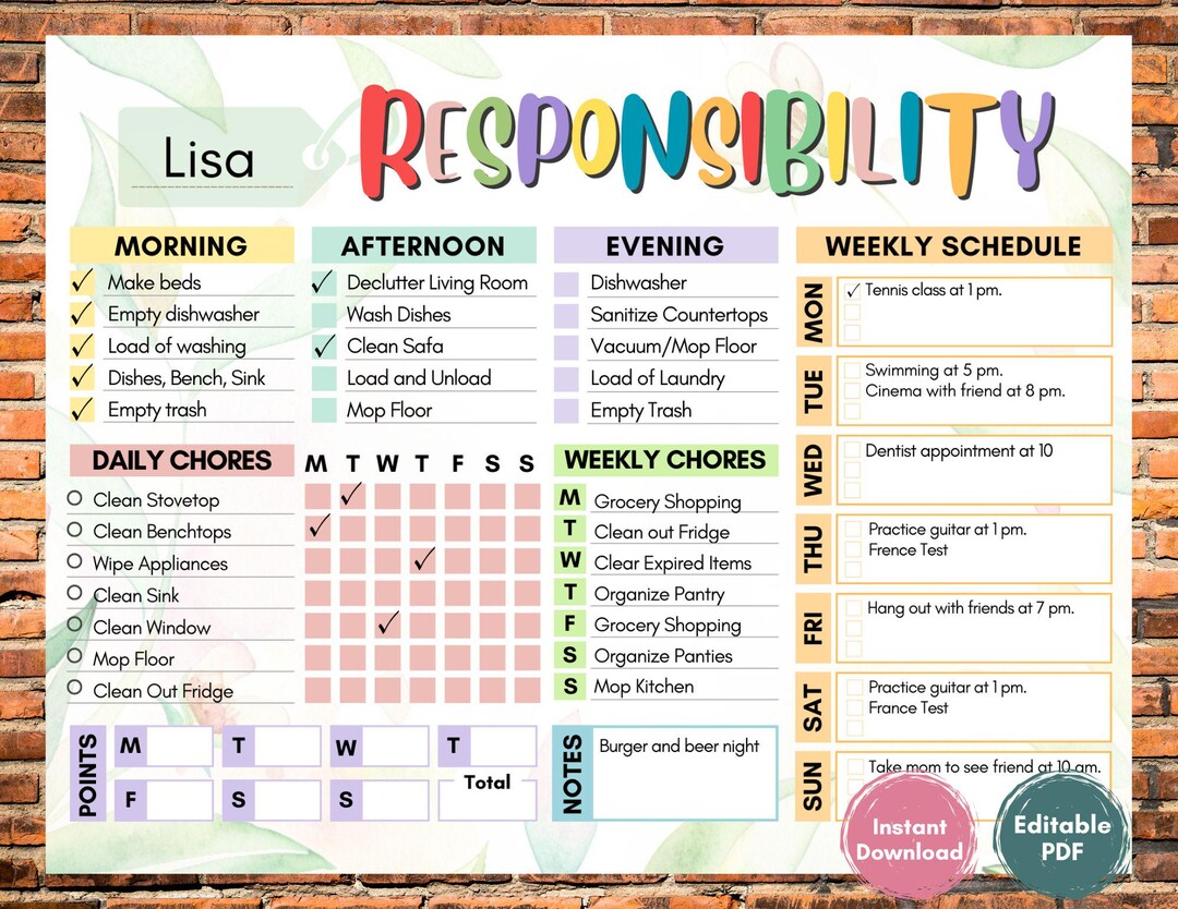 Kids Editable Responsibility Chore Chart | Printable | Kids Daily ...