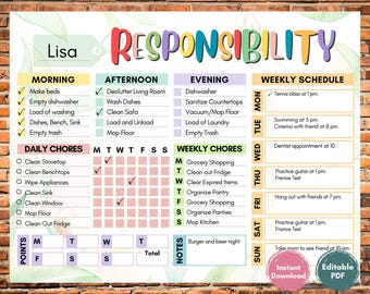 Editable Responsibility Chore Chart for Kids Printable Kids Daily ...