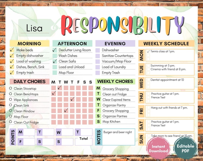 Editable Responsibility Chore Chart for Kids | Printable | Kids Daily ...