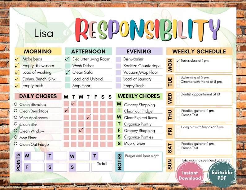 Kids Editable Responsibility Chore Chart | Printable | Kids Daily ...