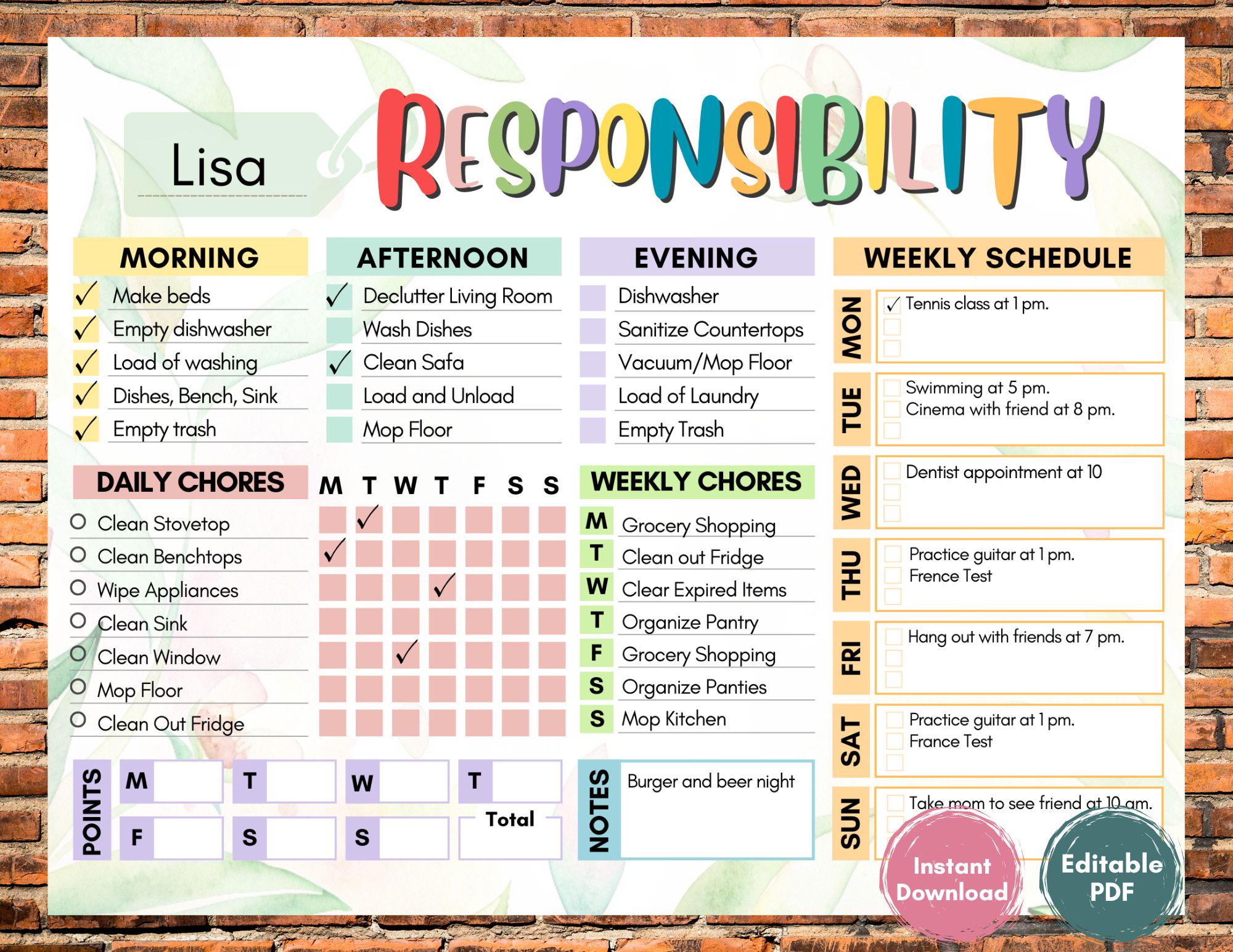 Kids Editable Responsibility Chore Chart Printable Kids Daily Weekly ...