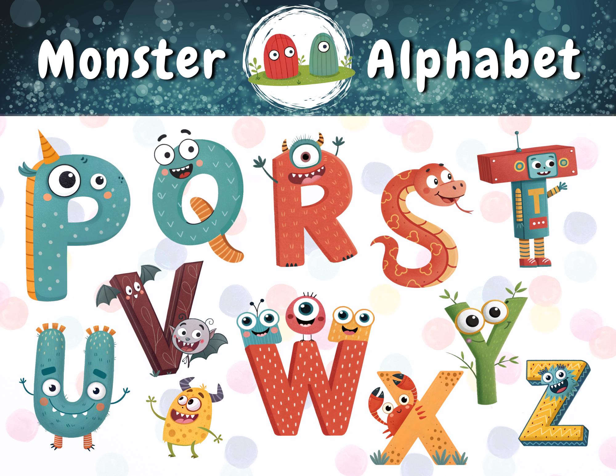 Monster Alphabet Clipart: Cartoon Letters & Numbers (PNG Digital ...