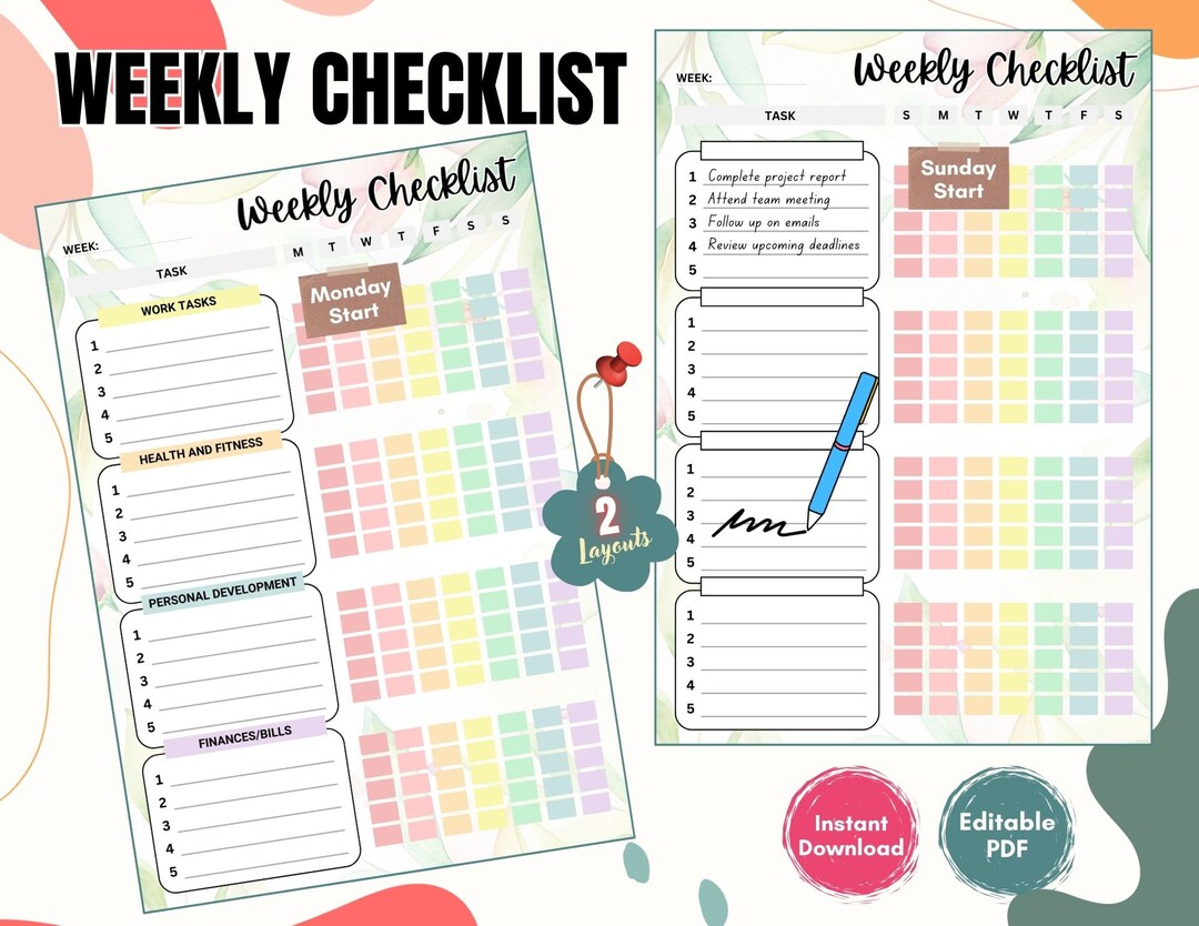 Editable Weekly Checklist Printable Weekly to Do List Checklist ...