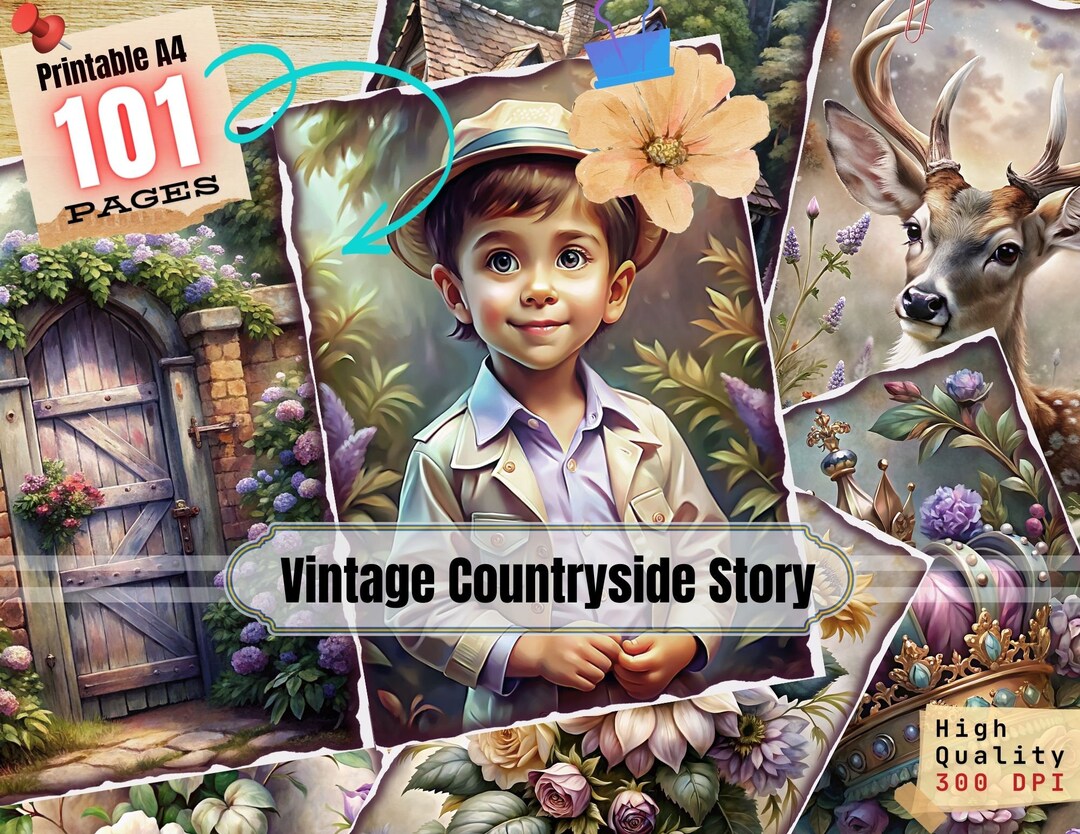 Vintage Countryside Story, Floral, Digital Scrapbook Papers, Lined ...