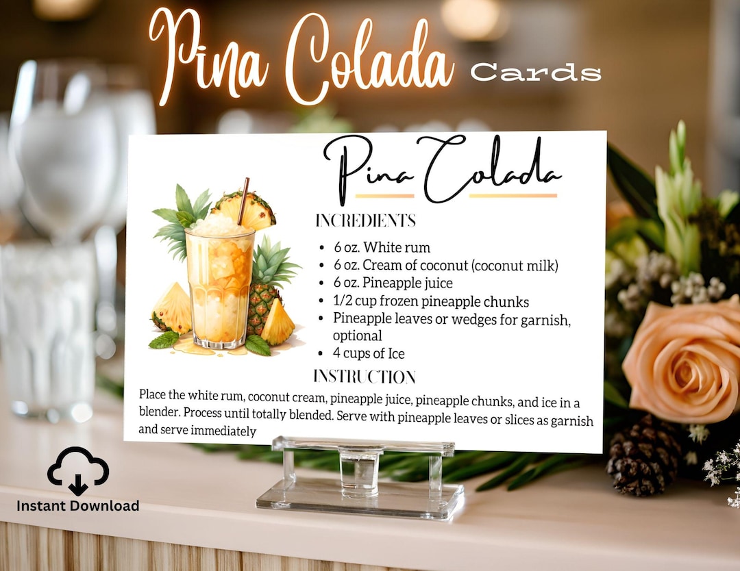 Pina Colada Recipe Card: Printable Cocktail Recipe (digital Download ...