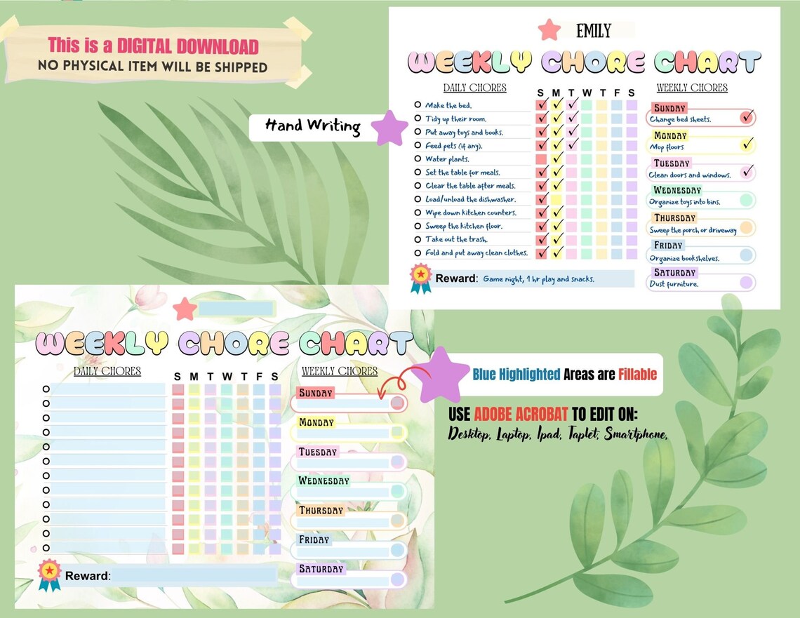 Editable Chore Chart List for Kids Printable Kids Daily Weekly ...