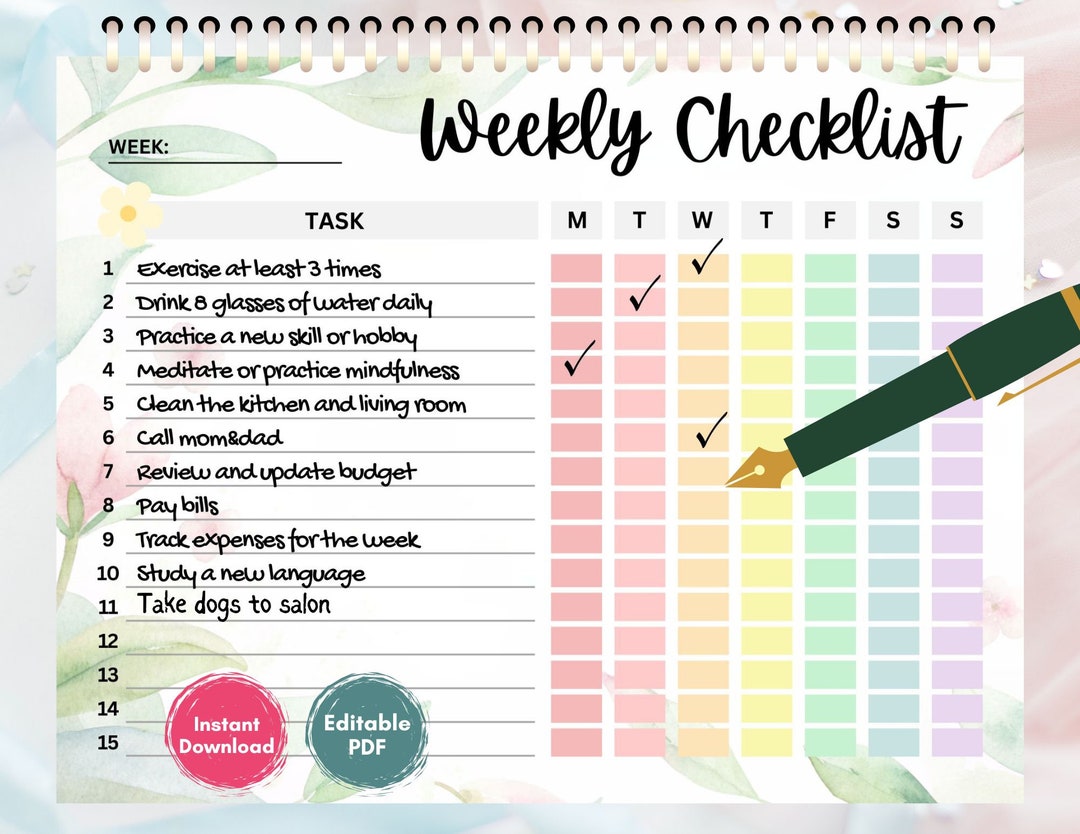 Editable Weekly Checklist | Printable Weekly to Do List | Checklist ...