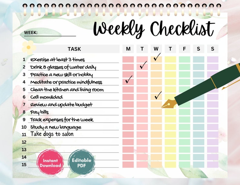 Editable Weekly Checklist | Printable Weekly to Do List | Checklist ...