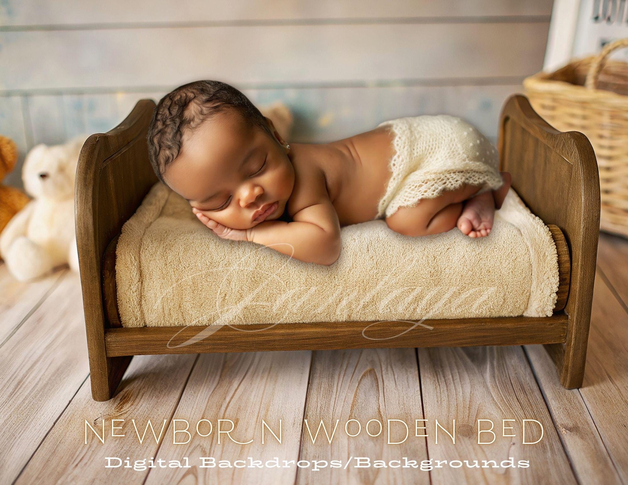 Newborn Wooden Bed Digital Backdrop, Studio, Wooden Bed, Beige ...