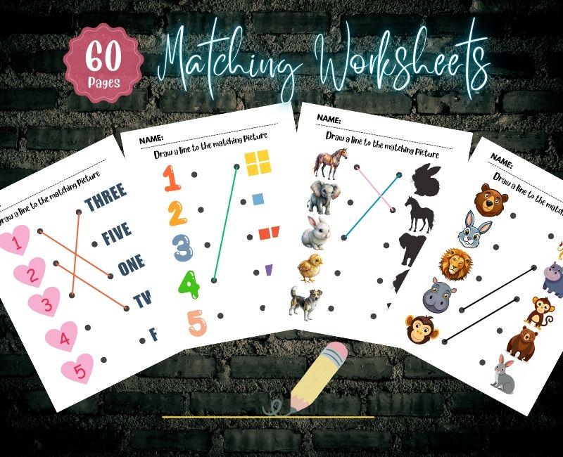 60 Printable Matching Worksheets | Kid's Game | Match the Picture ...