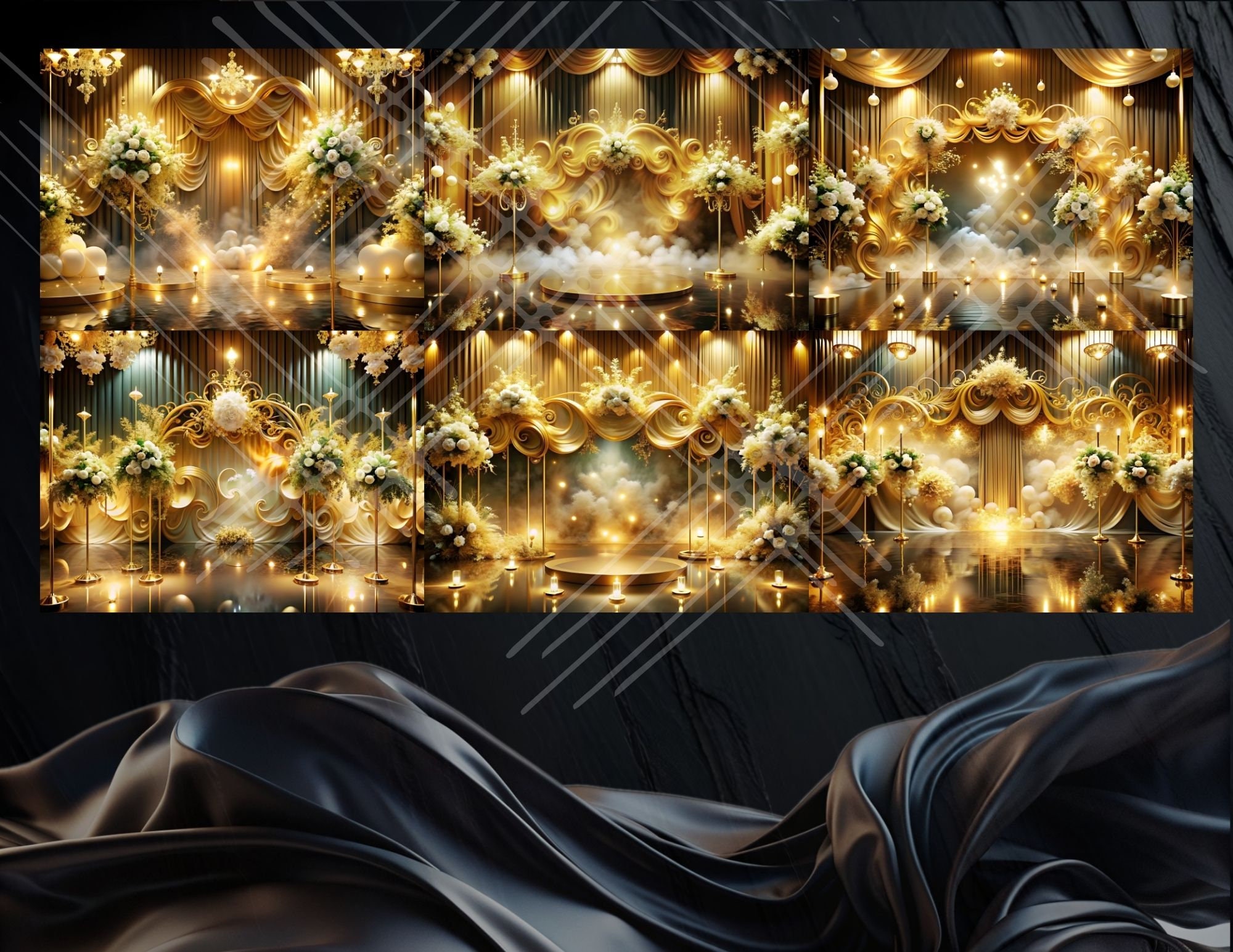 Luxury Gold Digital Backdrop Golden Stage White Flowers Digital ...