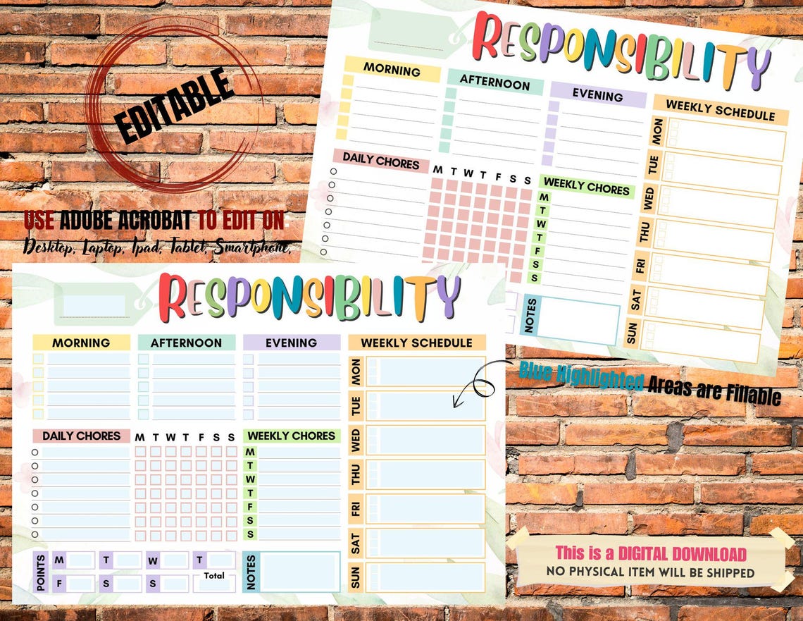 Kids Editable Responsibility Chore Chart | Printable | Kids Daily ...