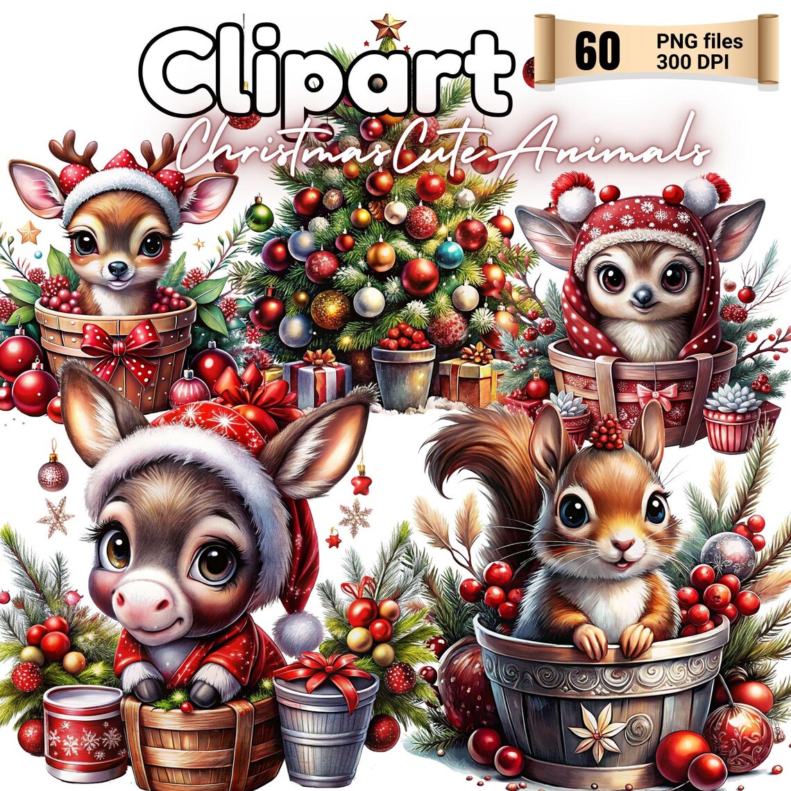 Christmas Baby Animals Clipart Set, PNG Images (instant Download ...