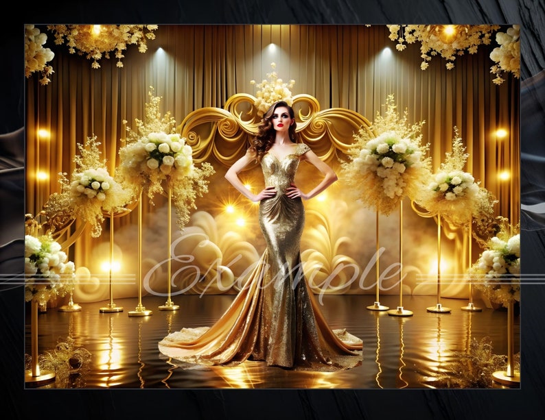 Luxury Gold Digital Backdrop Golden Stage White Flowers Digital ...