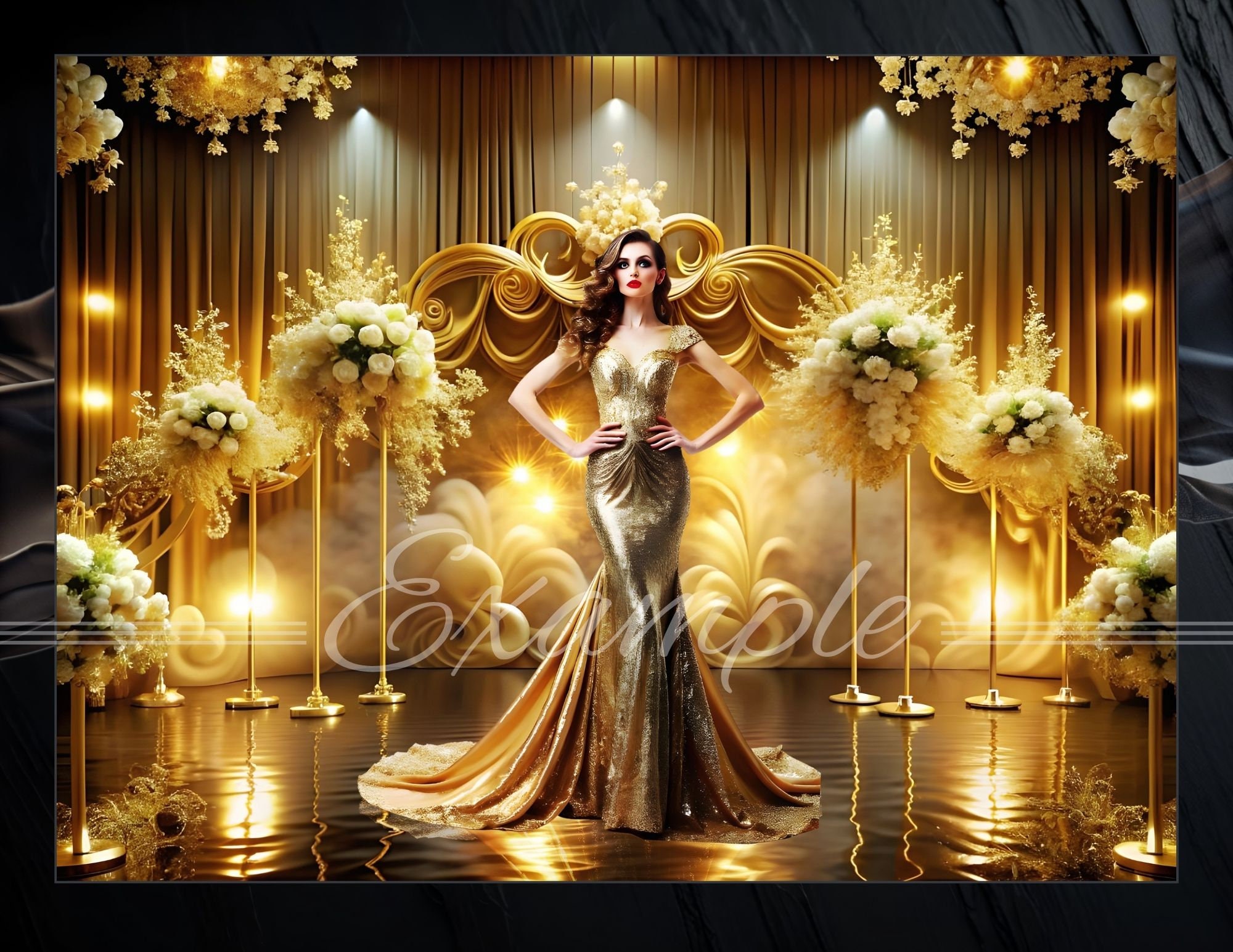 Luxury Gold Digital Backdrop Golden Stage White Flowers Digital ...