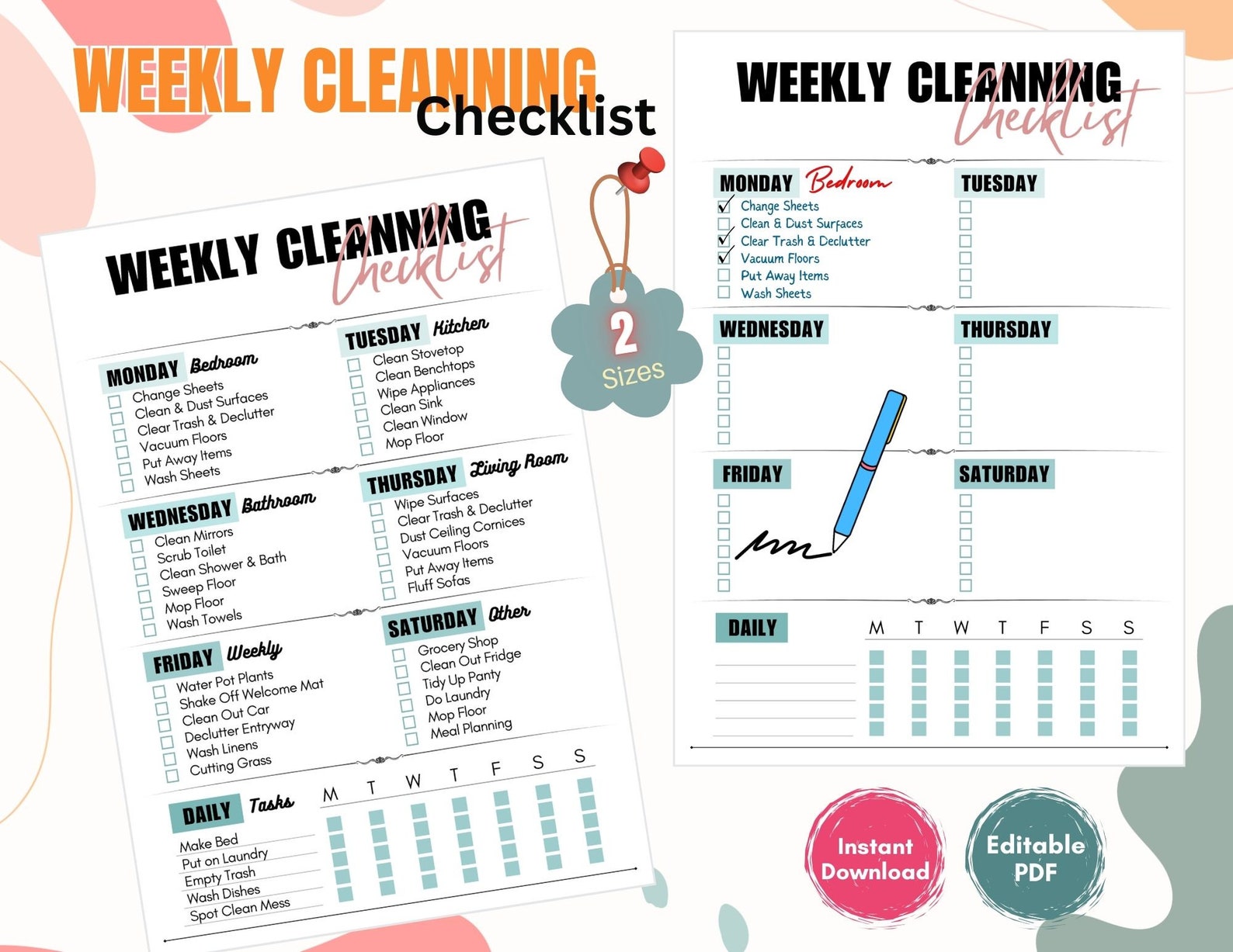 Weekly Cleaning Checklist Editable, Printable Cleaning Plan, Cleaning ...