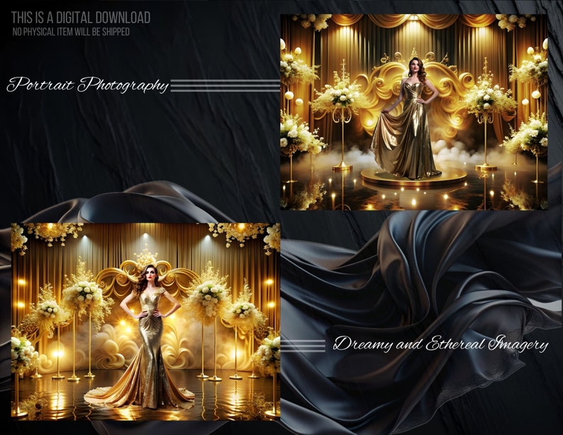 Luxury Gold Digital Backdrop Golden Stage White Flowers Digital ...