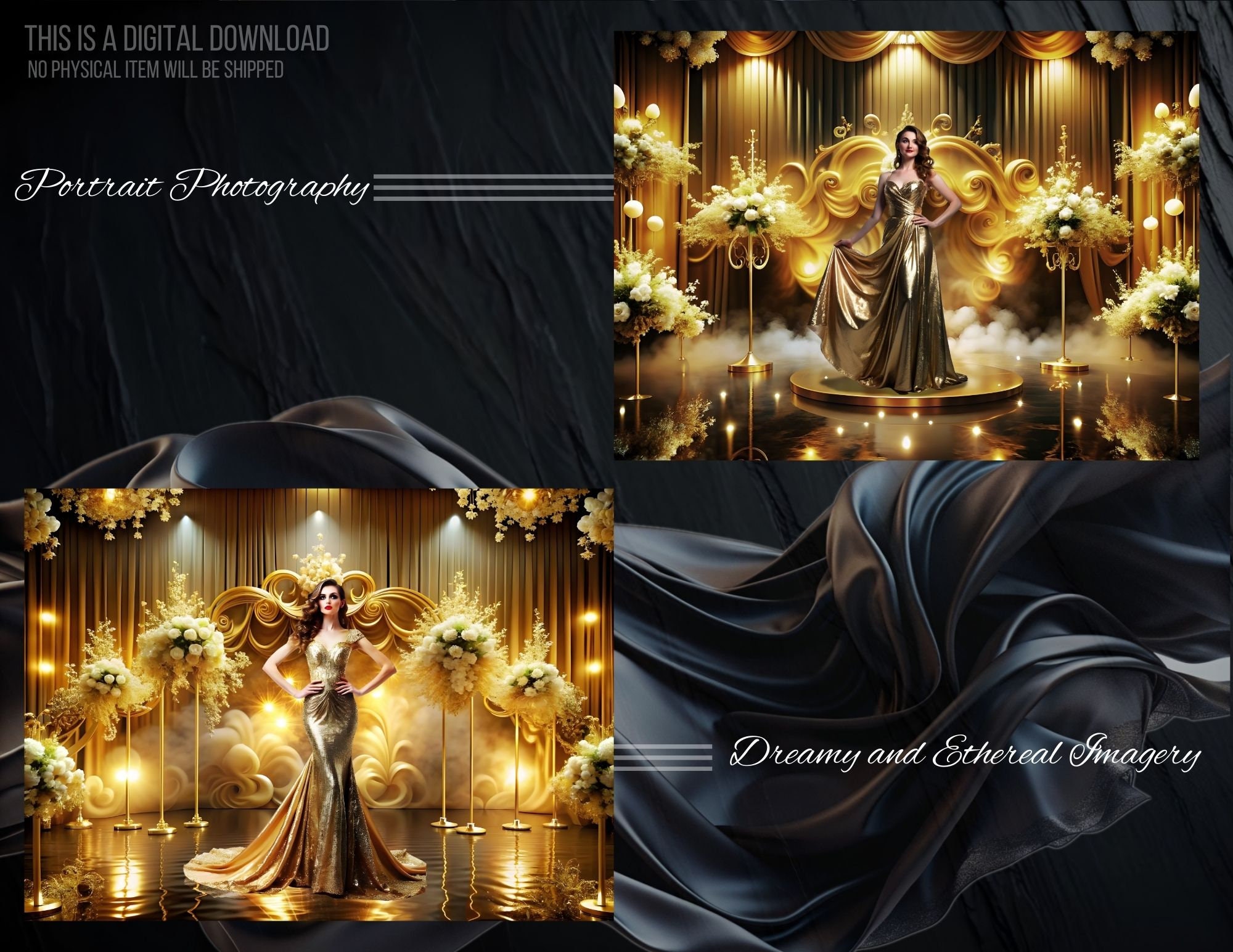 Luxury Gold Digital Backdrop Golden Stage White Flowers Digital ...