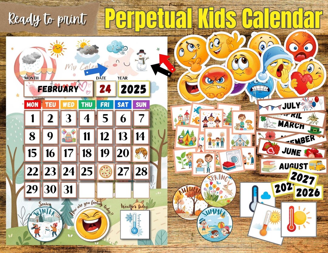Perpetual Kids Calendar, Printable Montessori Homeschool Preschool ...