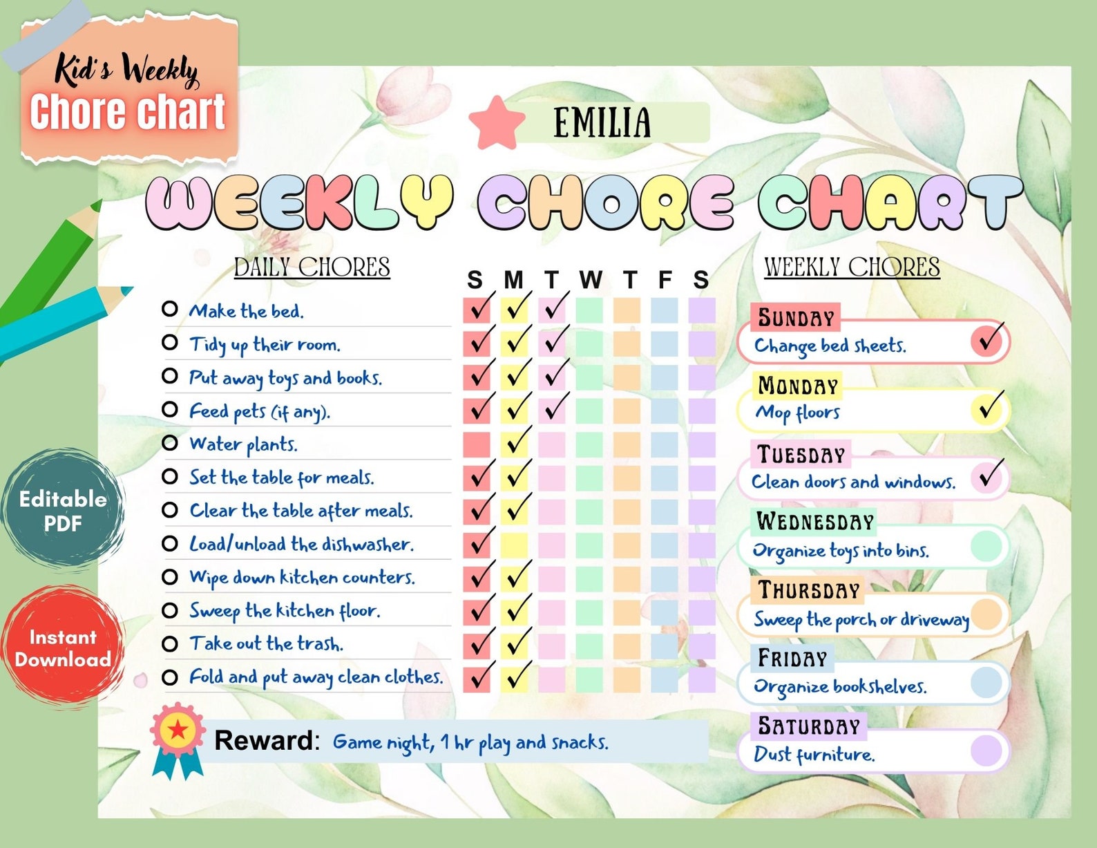 Editable Chore Chart List for Kids Printable Kids Daily Weekly ...