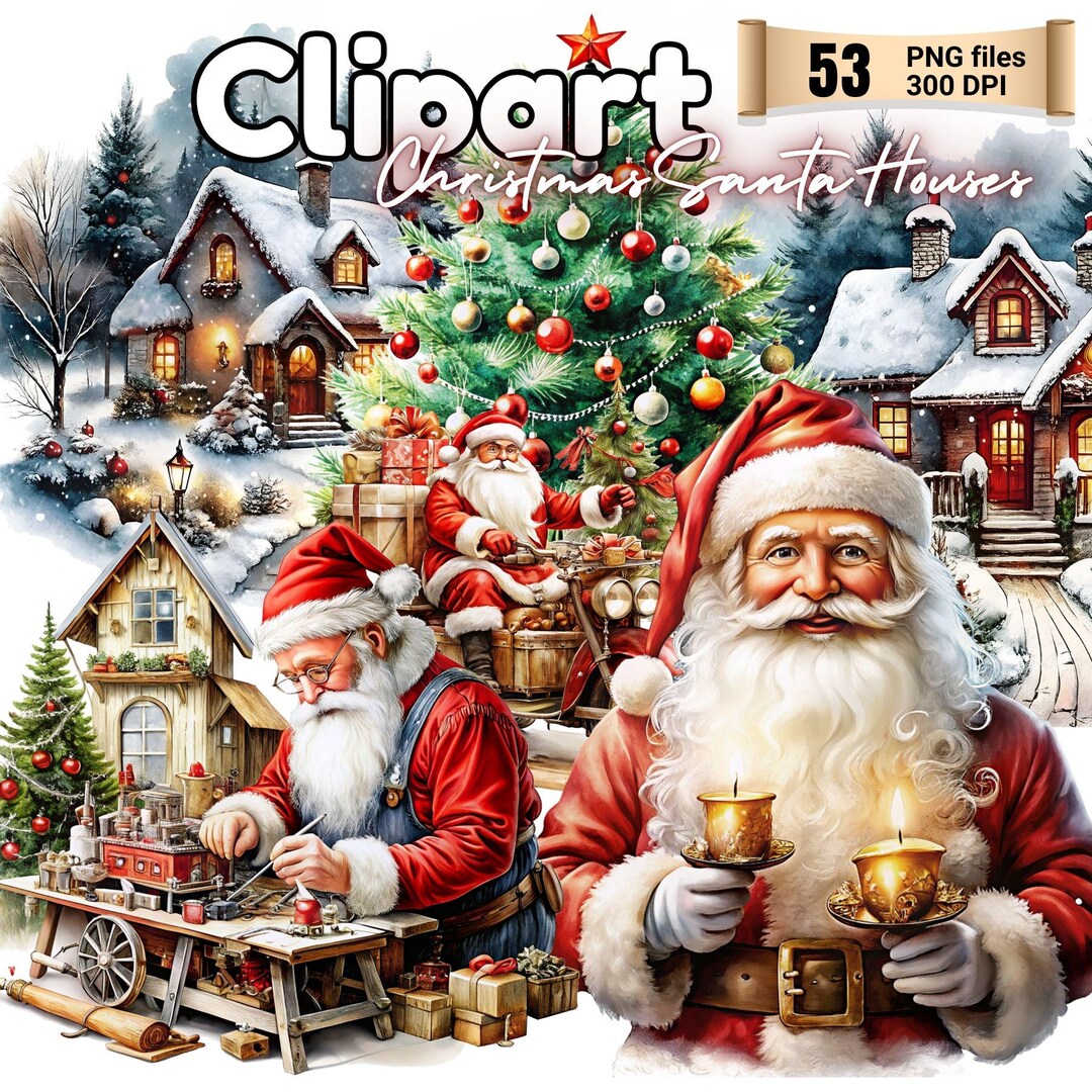 Watercolor Christmas Santa Claus Houses PNG Clipart Bundle of 53 ...
