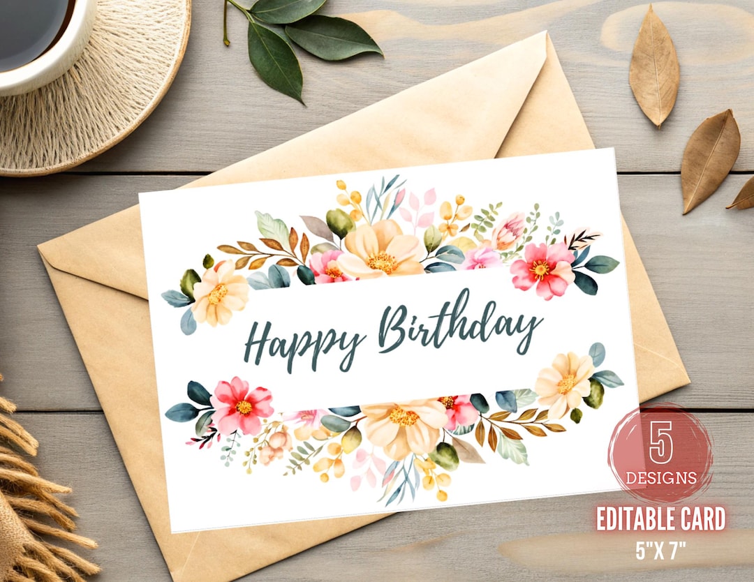 5 Editable Birthday Cards Canva Template Floral Birthday Cards Thank ...