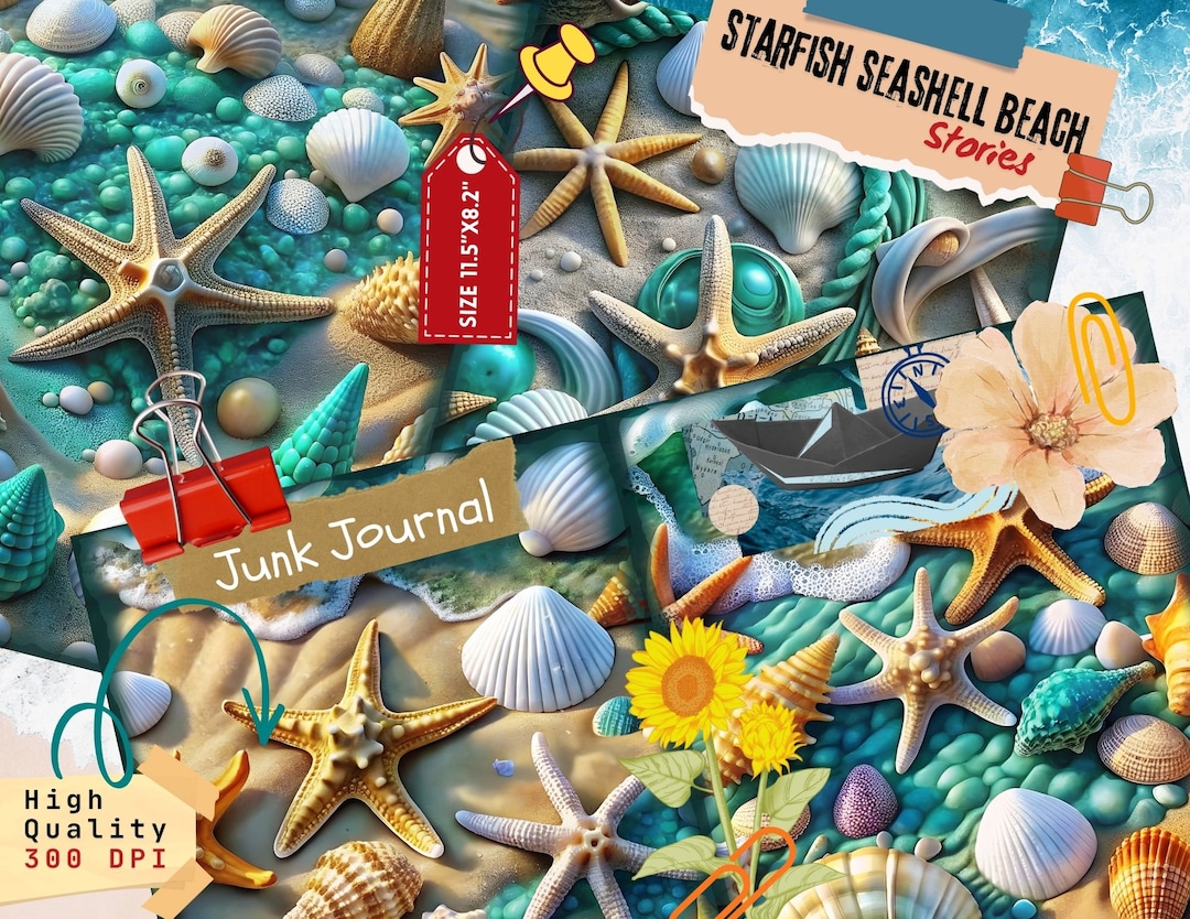 Starfish Seashell on the Beach, Digital Scrapbook Paper Kit, Junk ...