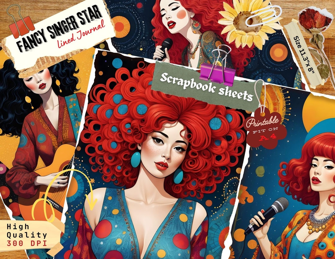 Vintage Fancy Singer Star, Digital Scrapbook Papers, Lined Journal ...