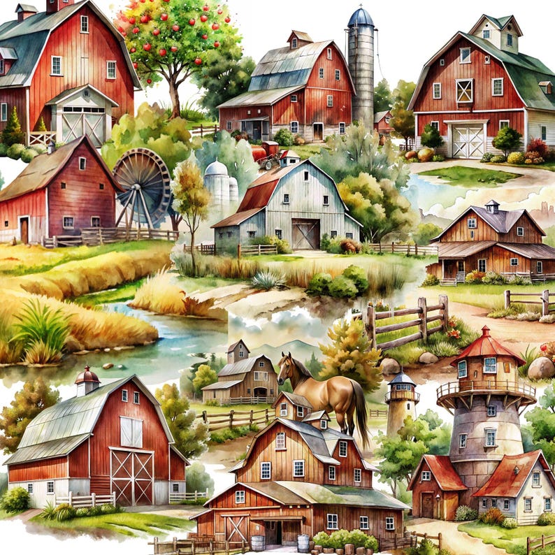 Farm Watercolor Clipart: Animals & Barns PNG (digital Download) - Etsy