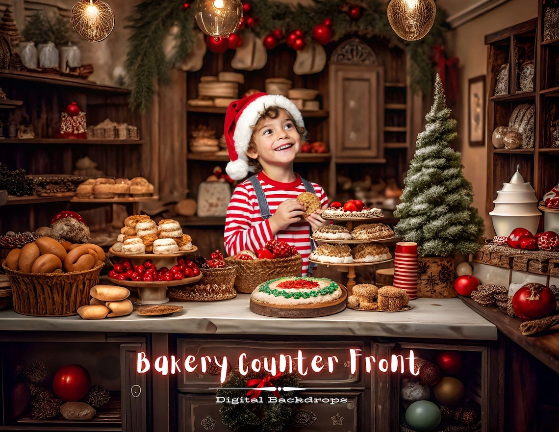 PSD Merry Bakery Counter Front Shop Christmas Digital Background for ...